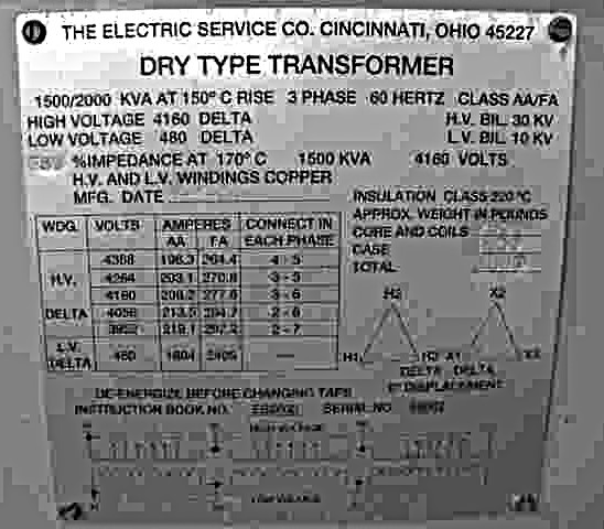 1500/2000 KVA, 4160 VOLT DELTA PRI, 480 VOLT DELTA SEC, SQUARE-D, DRY ...