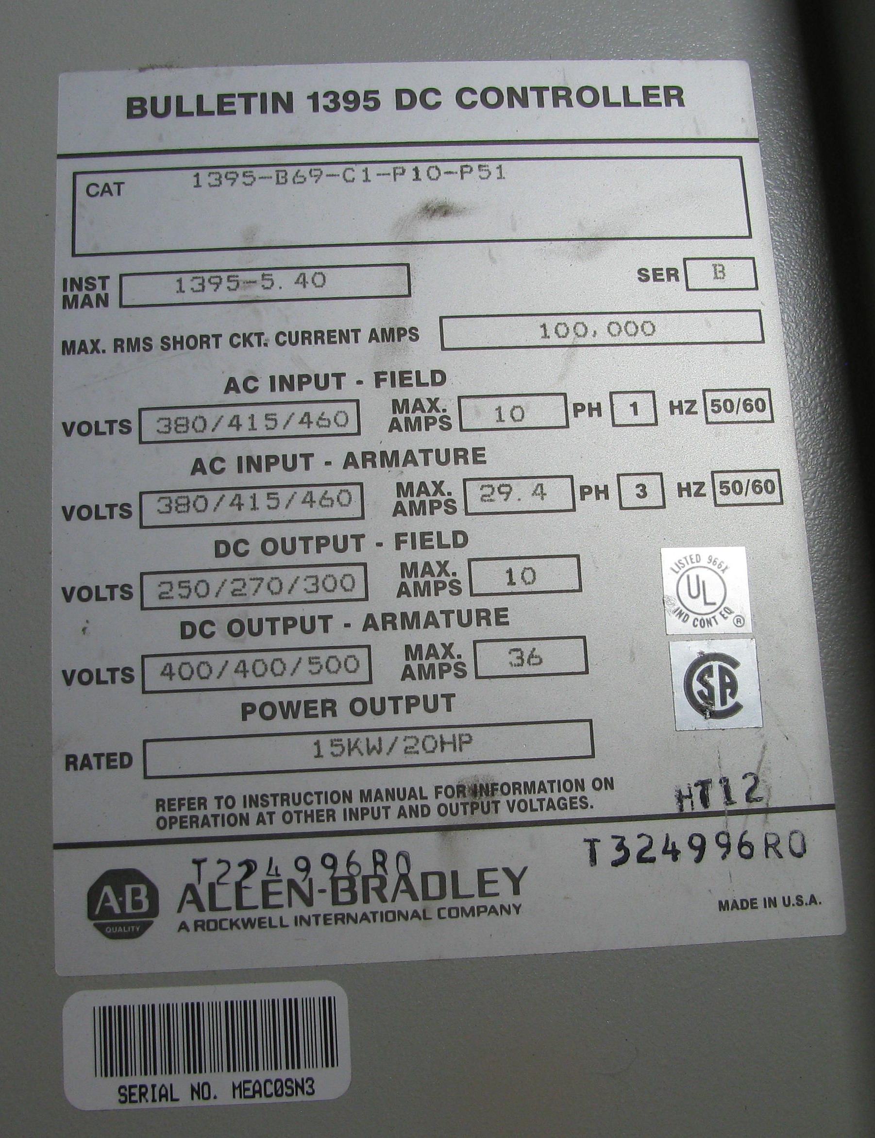 (2) 20 HP, ALLEN BRADLEY, BUL 1395, DC DIGITAL DRIVE