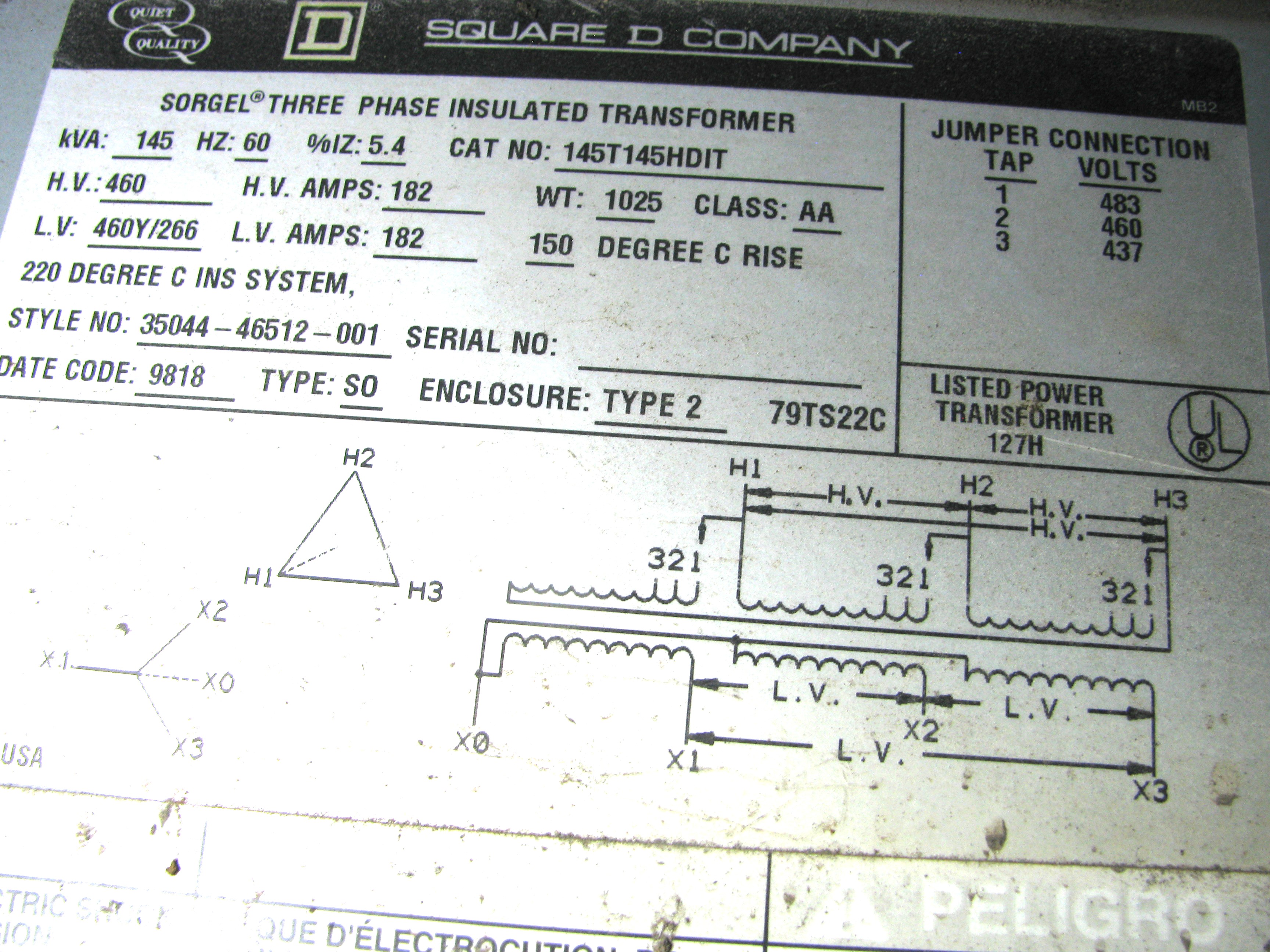 145 KVA, 460V PRI, 460Y/266 , SQUARE-D, DRY TYPE, TRANSFORMER - $1650.00
