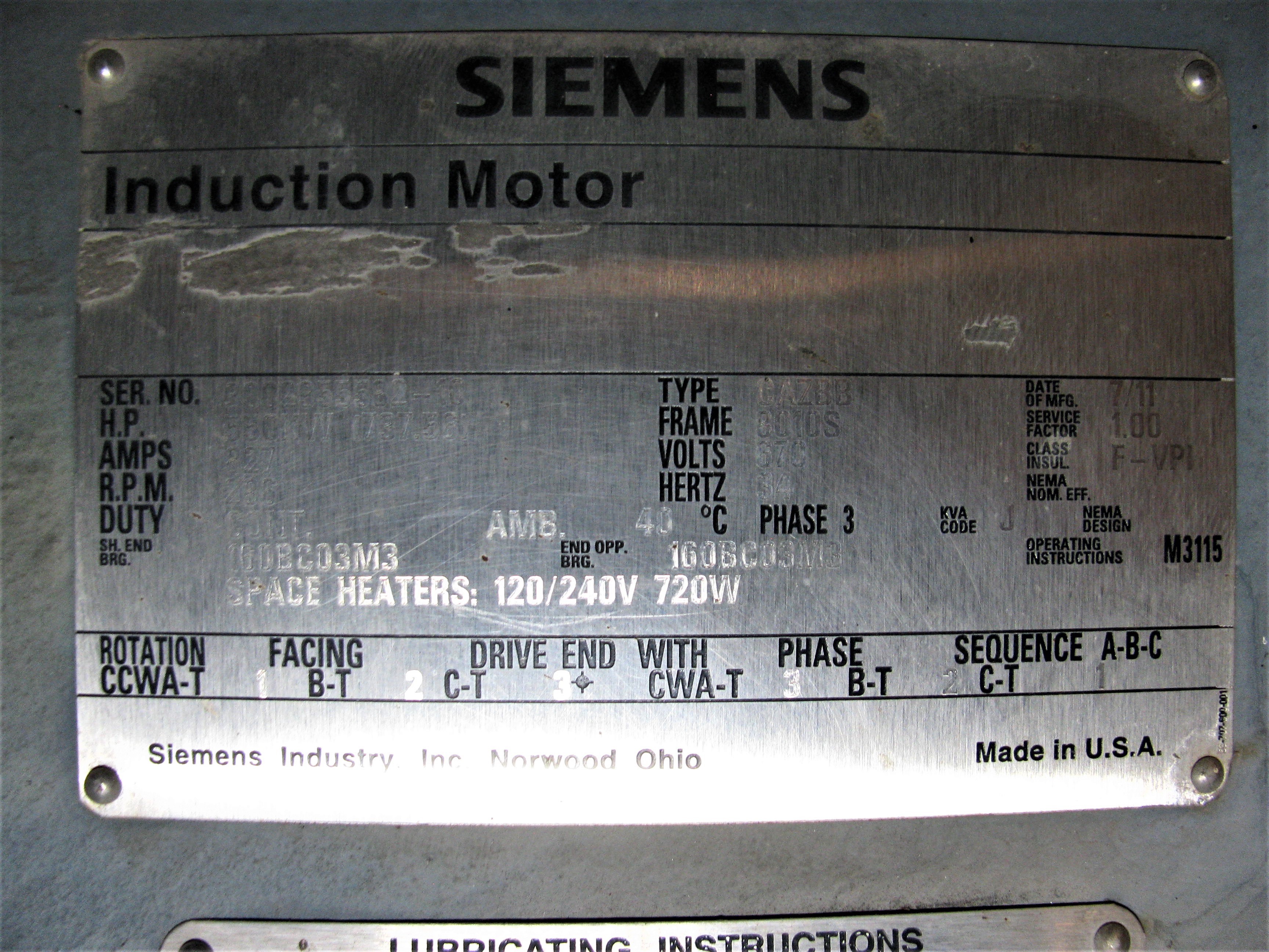 1300 HP (970 KW), 500 RPM, 670V, SIEMENS, 8010S, INVERTER MOTOR
