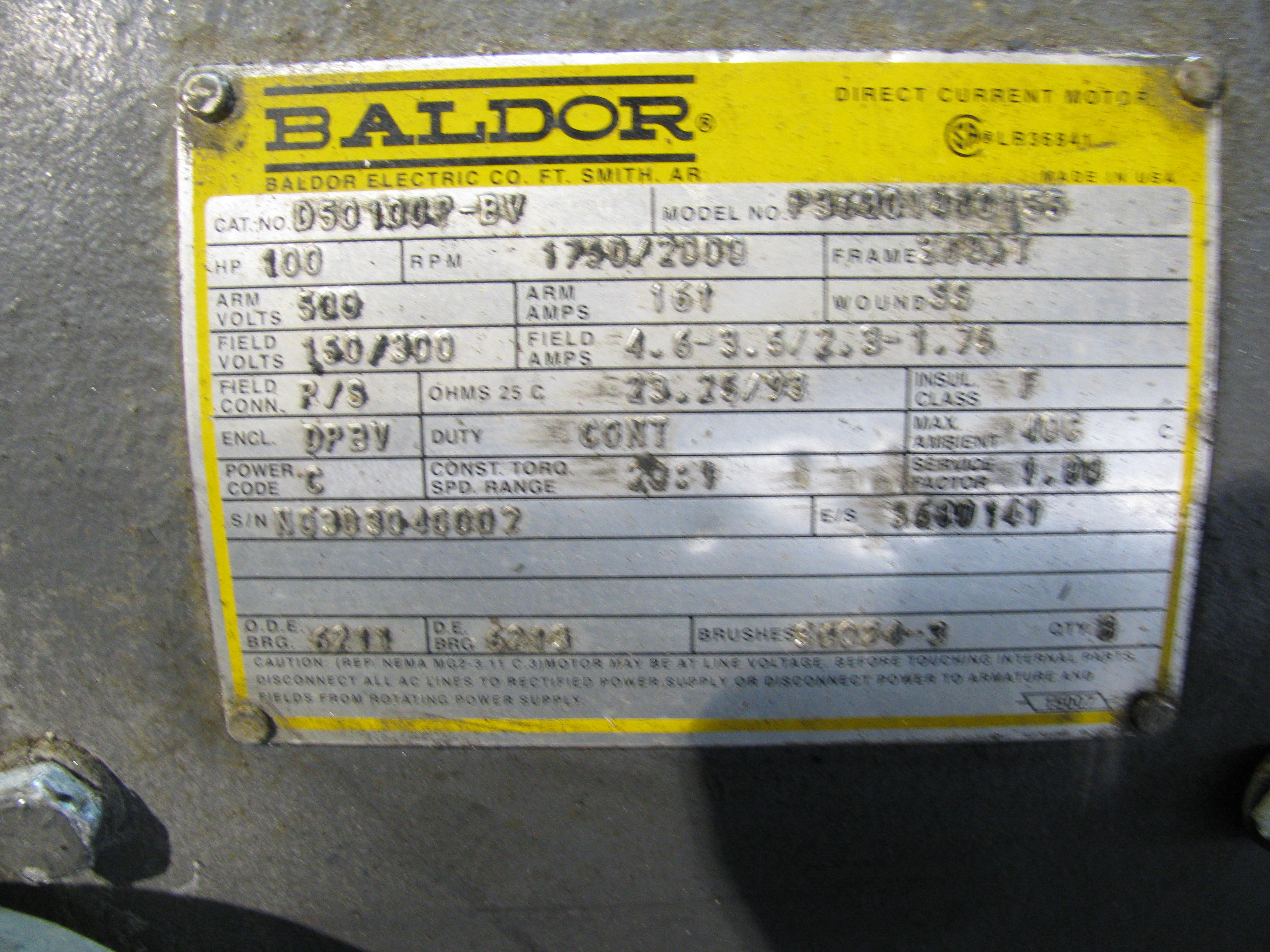 100 HP, 1750/2000 RPM, 500 VOLT, BALDOR, 368AT, STAB SHUNT, USED DC MOTOR