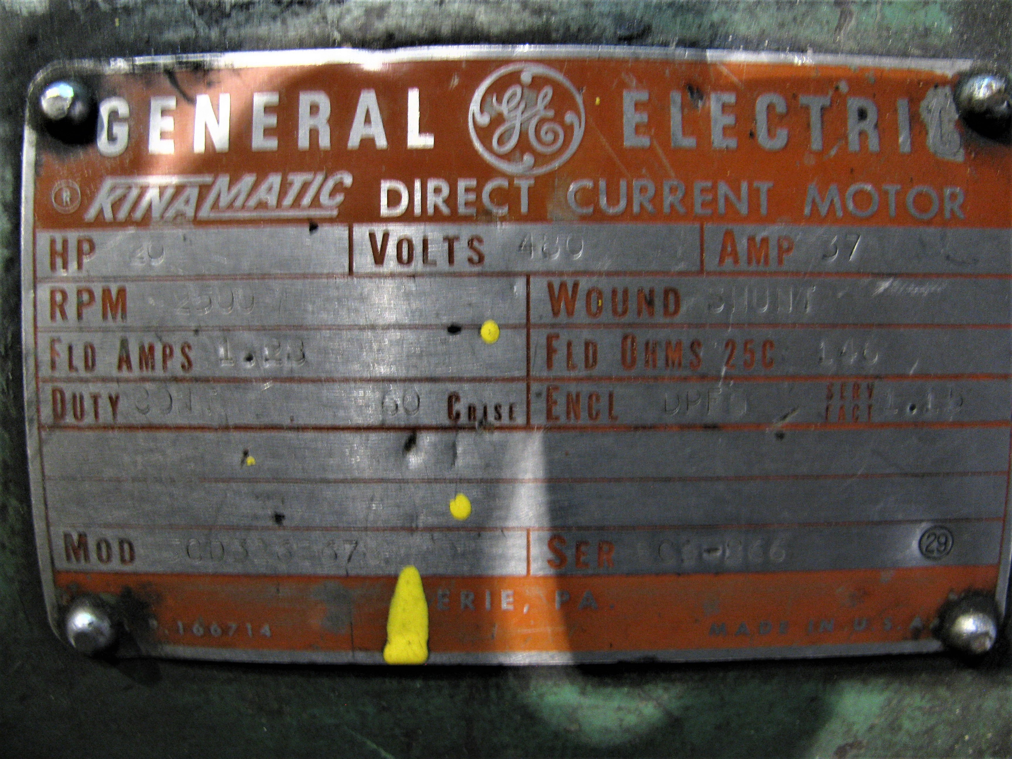 20 HP, 2500 RPM, 480 VOLT, GENERAL ELECTRIC, 326E, SHUNT, USED DC MOTOR